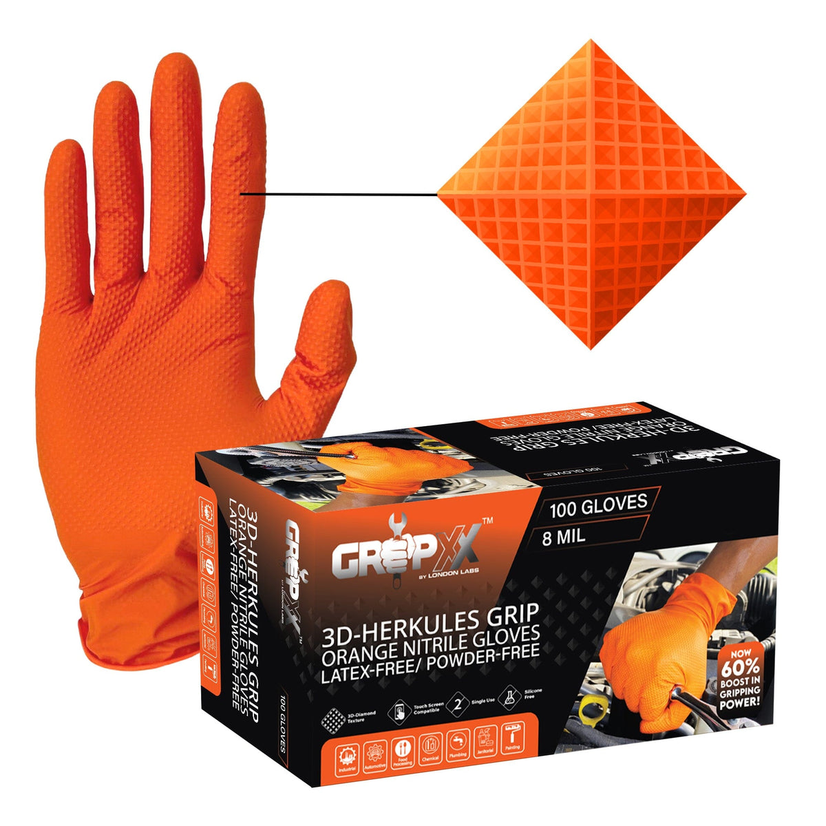 GRIPXX 8 Mil Orange Nitrile Gloves – 3D Raised Diamond Texture – London Labs